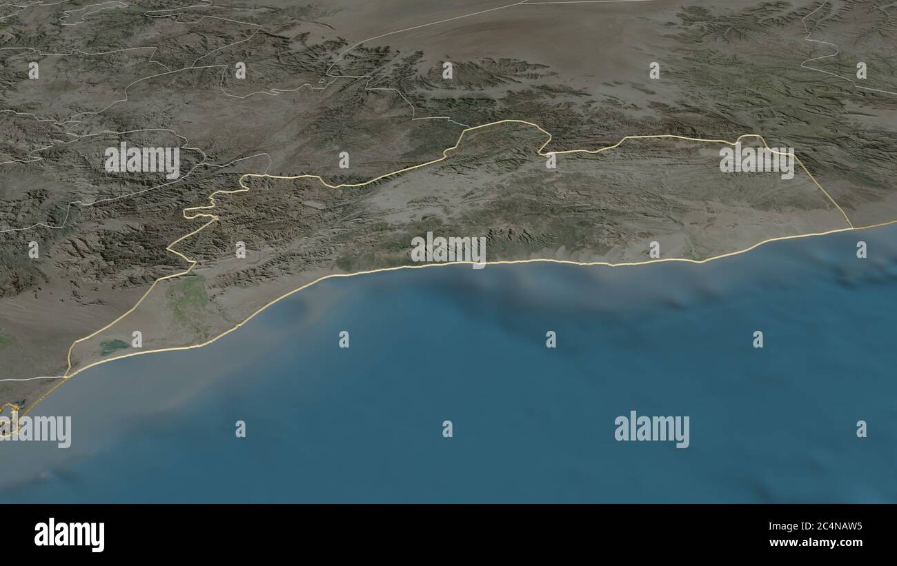 Zoom in on Abyan (governorate of Yemen) outlined. Oblique perspective ...