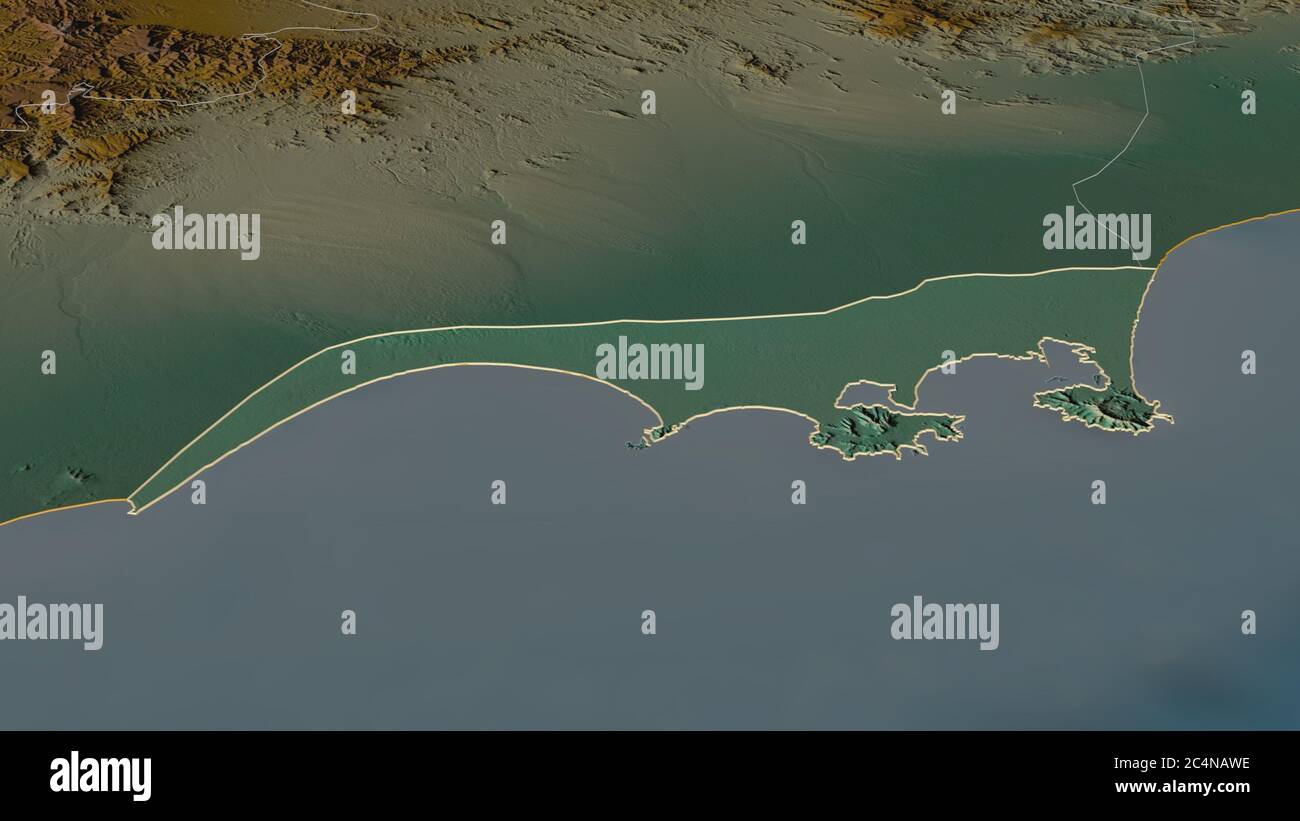 Zoom in on Adan (governorate of Yemen) outlined. Oblique perspective ...
