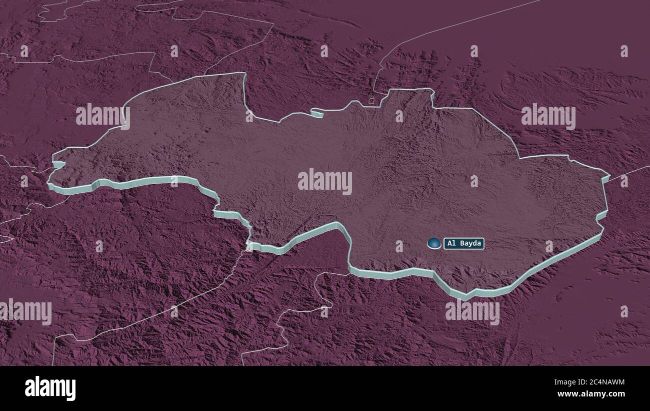 Zoom in on Al Bayda' (governorate of Yemen) extruded. Oblique ...