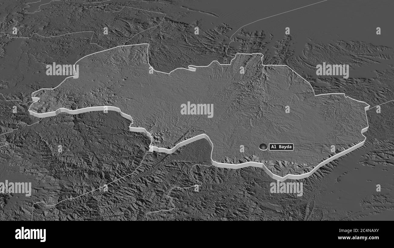 Zoom in on Al Bayda' (governorate of Yemen) extruded. Oblique ...