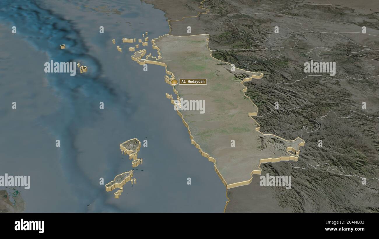 Zoom in on Al Hudaydah (governorate of Yemen) extruded. Oblique ...