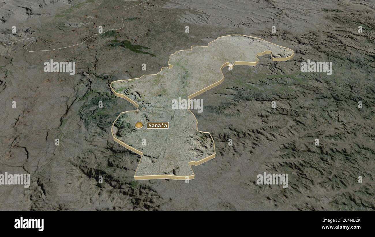 Zoom in on Amanat Al Asimah (governorate of Yemen) extruded. Oblique ...