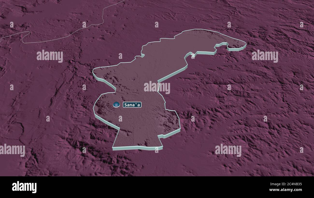 Zoom in on Amanat Al Asimah (governorate of Yemen) extruded. Oblique ...
