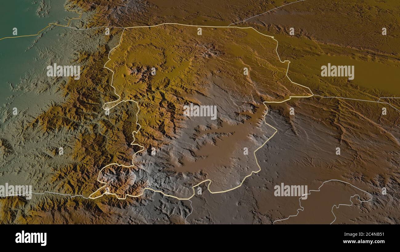 Zoom in on Amran (governorate of Yemen) outlined. Oblique perspective ...