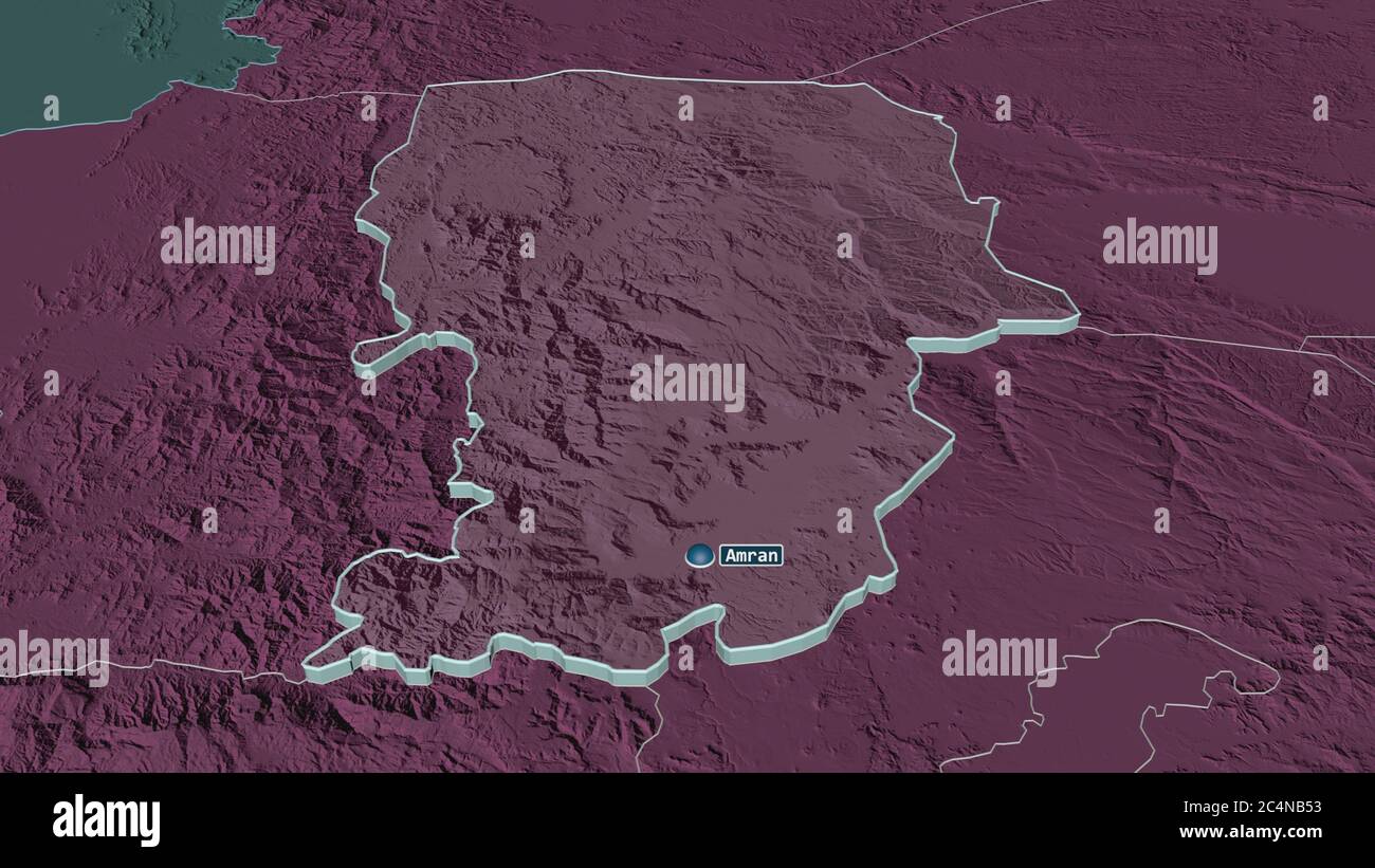 Zoom in on Amran (governorate of Yemen) extruded. Oblique perspective ...