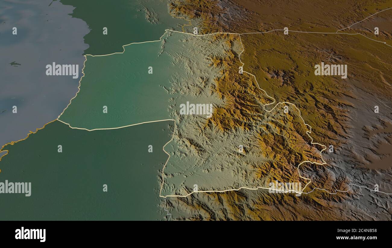 Zoom in on Hajjah (governorate of Yemen) outlined. Oblique perspective ...