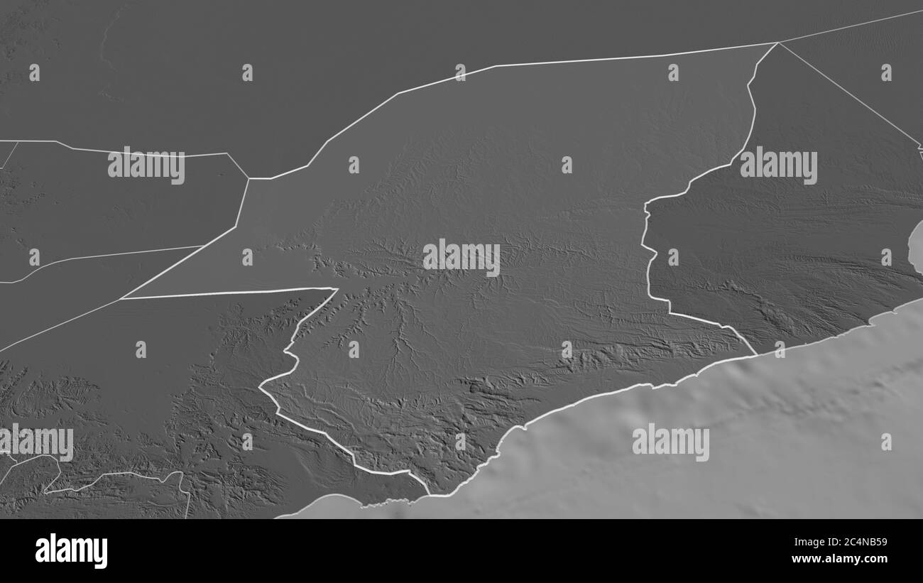 Zoom in on Hadramawt (governorate of Yemen) outlined. Oblique ...
