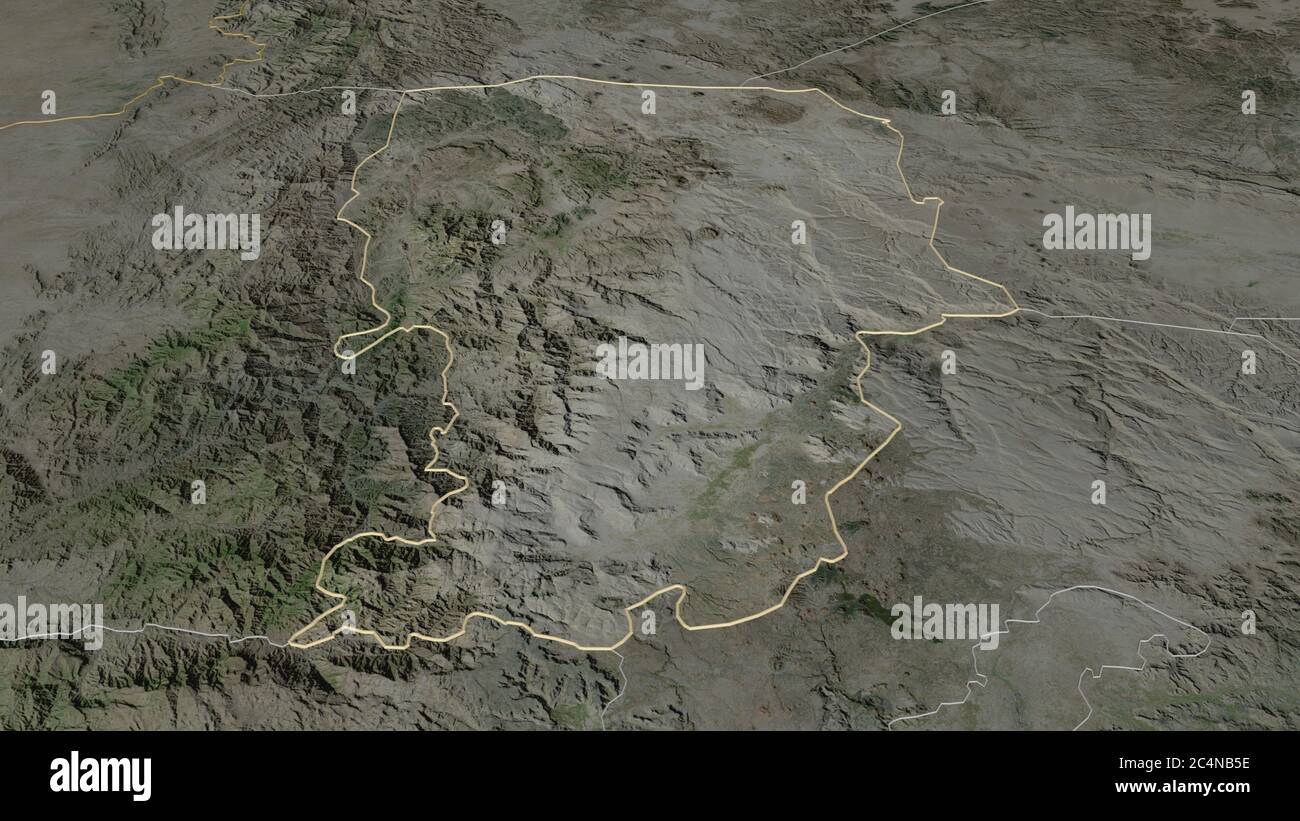 Zoom in on Amran (governorate of Yemen) outlined. Oblique perspective ...