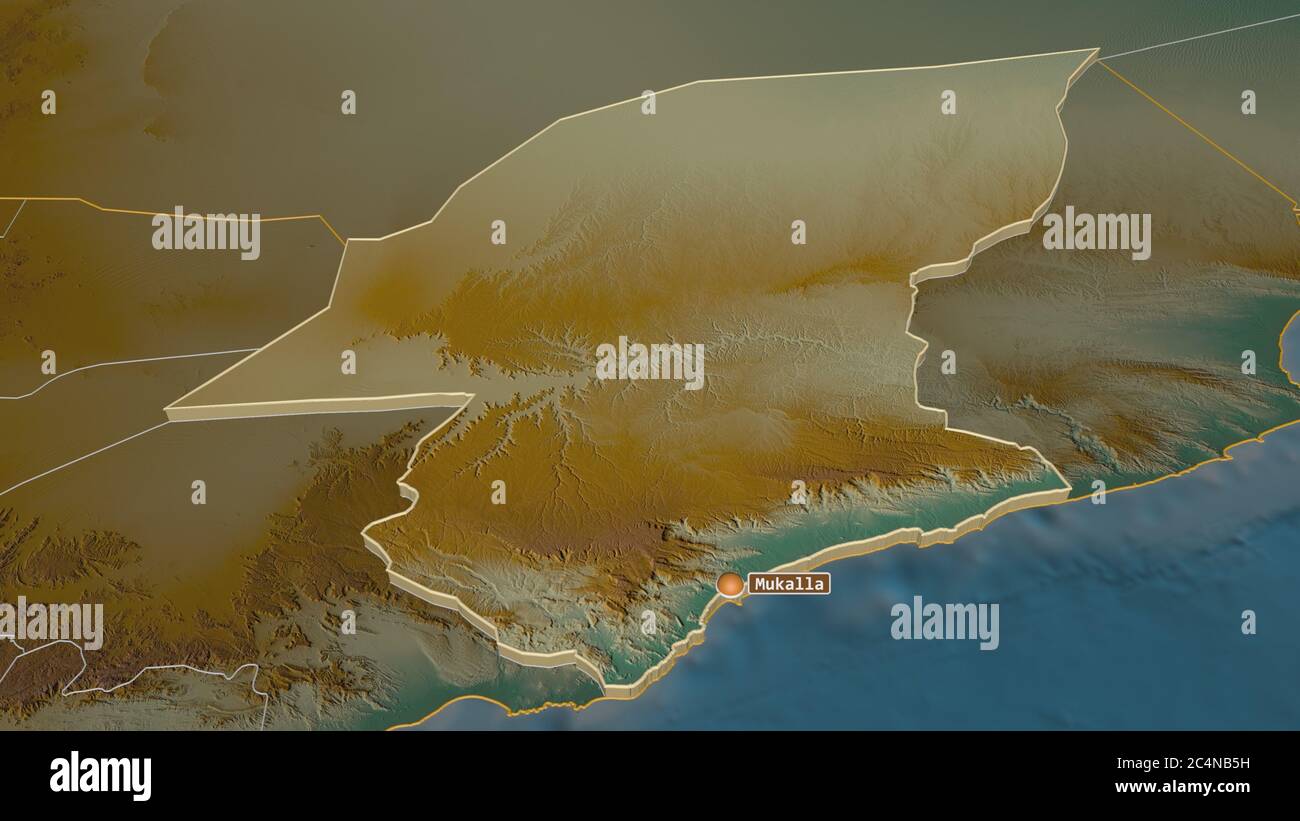 Zoom in on Hadramawt (governorate of Yemen) extruded. Oblique ...