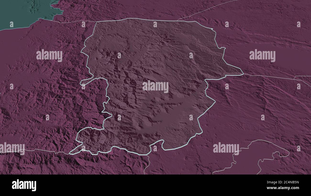 Zoom in on Amran (governorate of Yemen) outlined. Oblique perspective ...