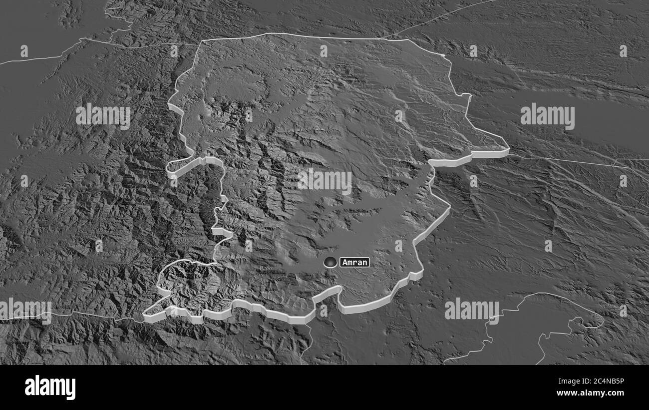 Zoom in on Amran (governorate of Yemen) extruded. Oblique perspective ...