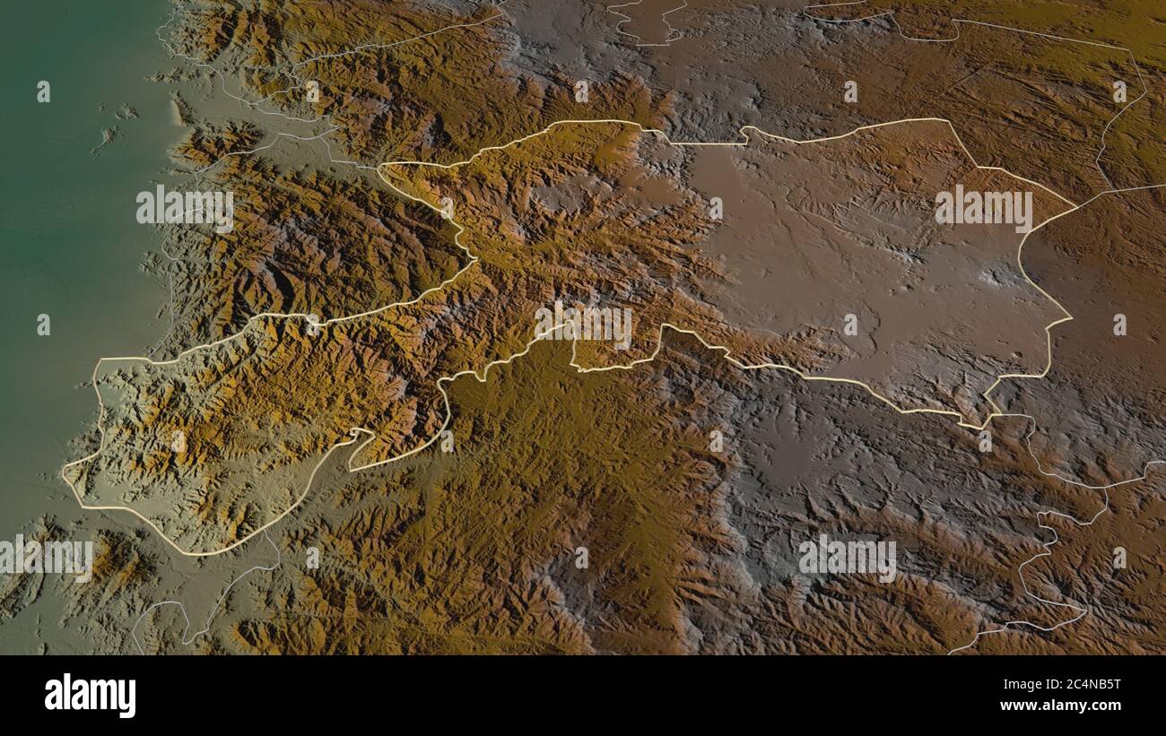 Zoom in on Dhamar (governorate of Yemen) outlined. Oblique perspective ...