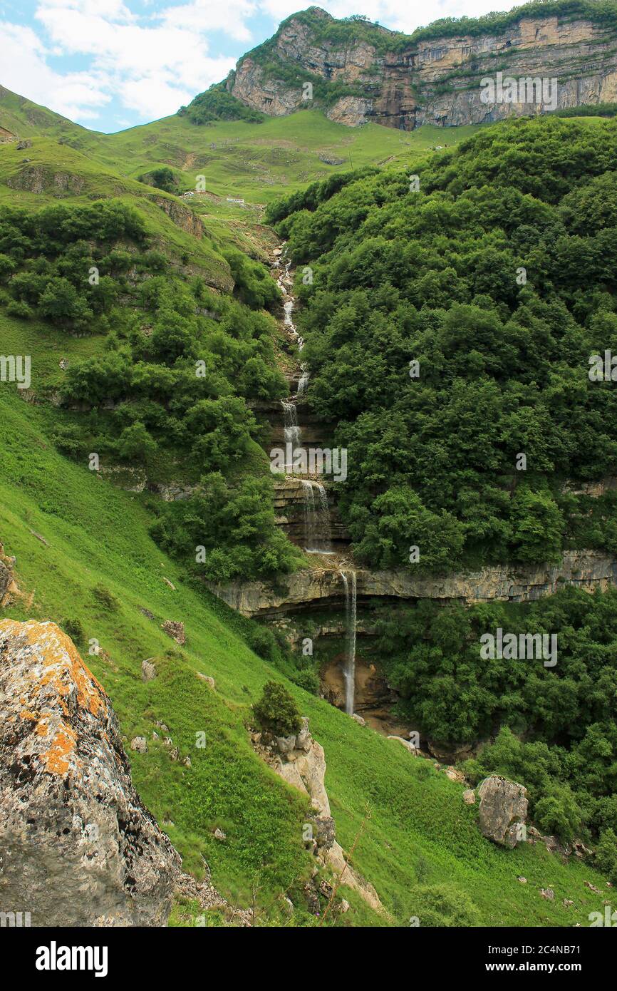 Azerbaijan. Beautiful cascading waterfall in the mountains. Kusar ...