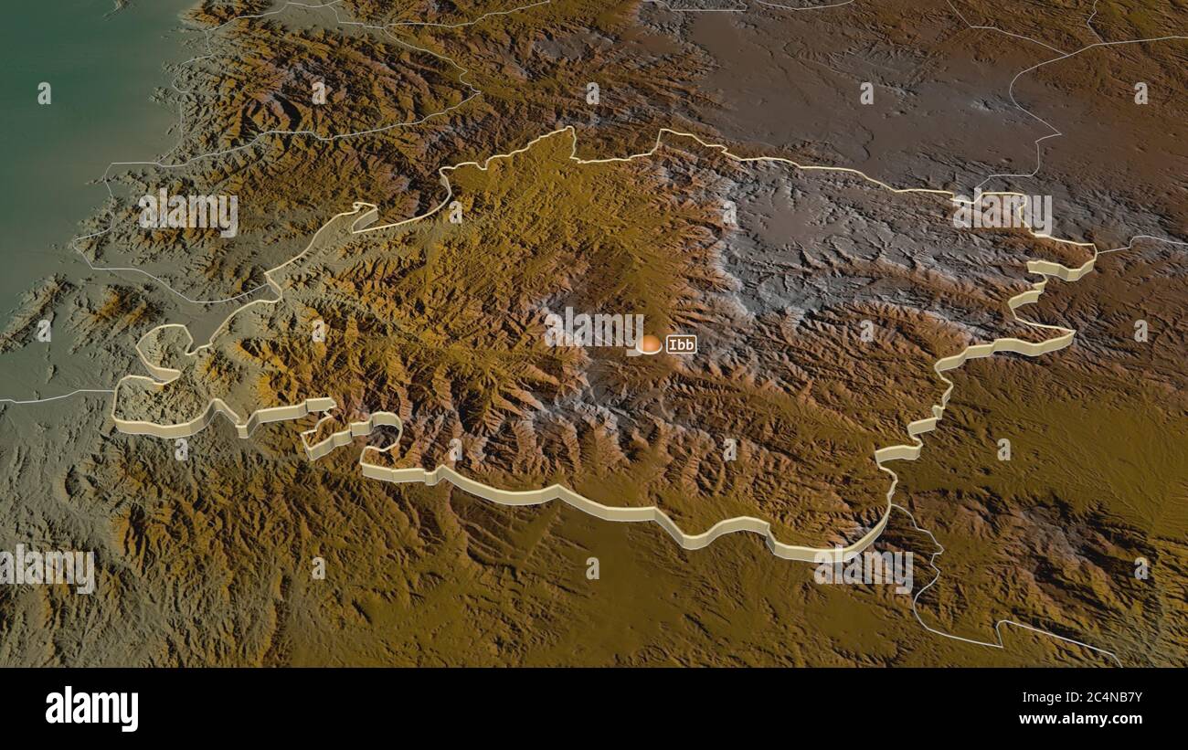 Zoom in on Ibb (governorate of Yemen) extruded. Oblique perspective ...