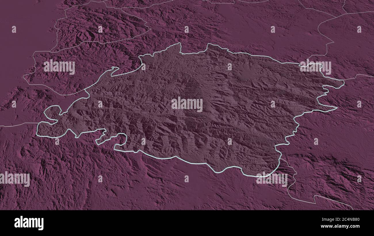 Zoom in on Ibb (governorate of Yemen) outlined. Oblique perspective ...