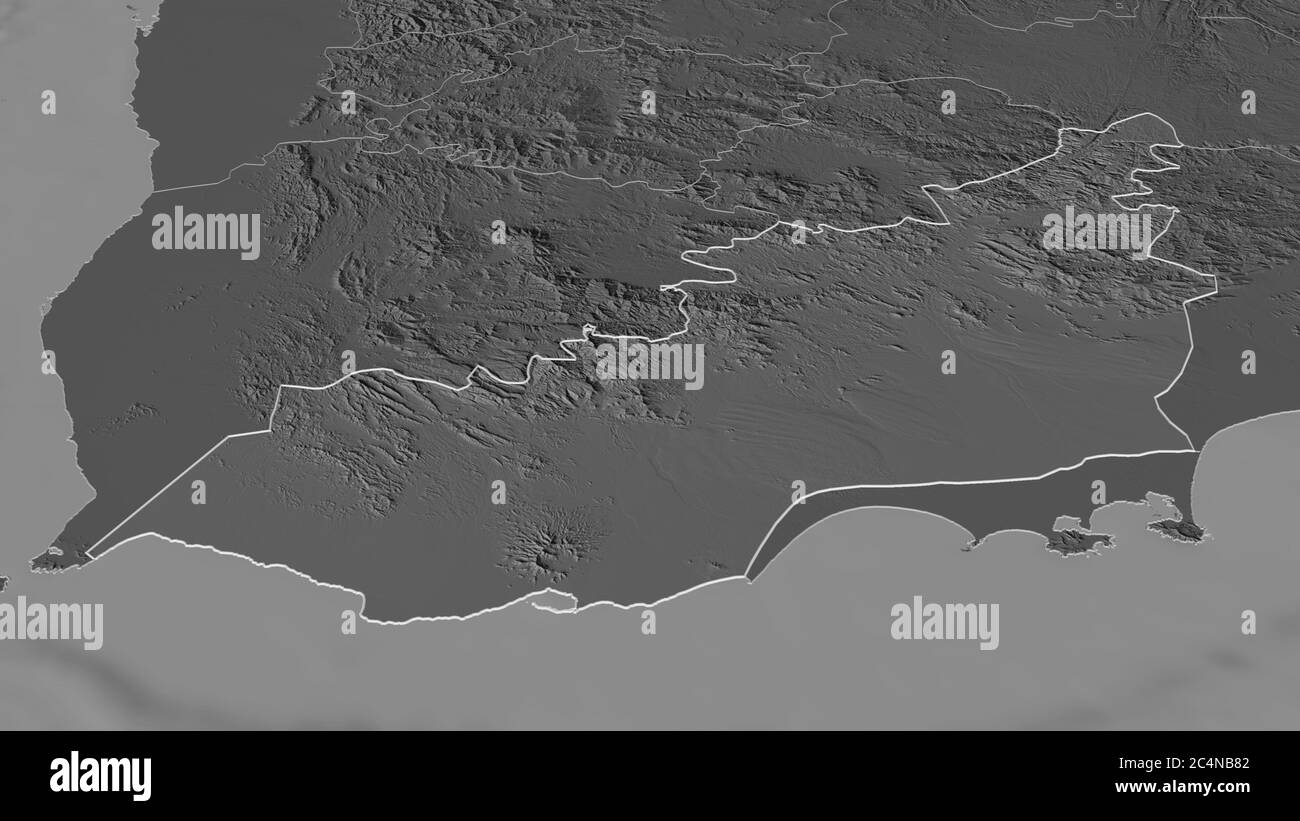 Zoom in on Lahij (governorate of Yemen) outlined. Oblique perspective ...