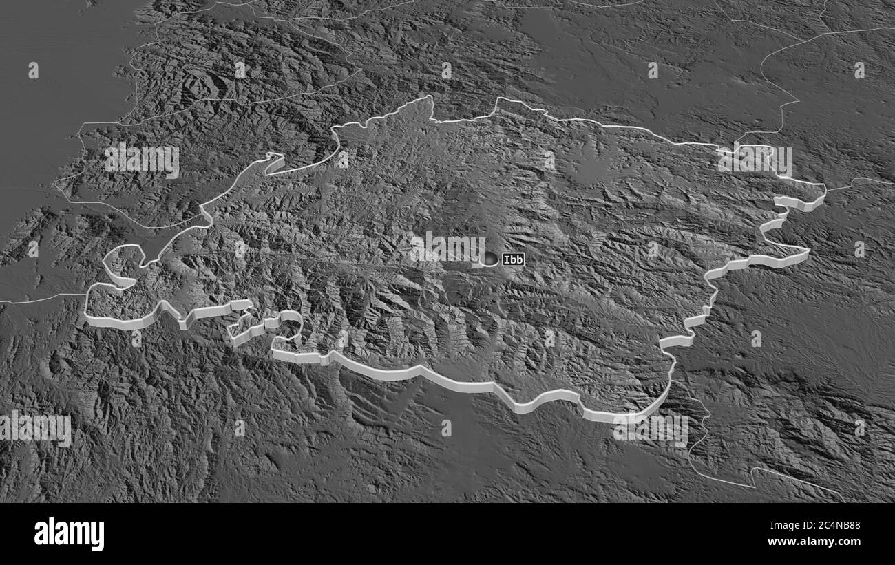 Zoom in on Ibb (governorate of Yemen) extruded. Oblique perspective ...