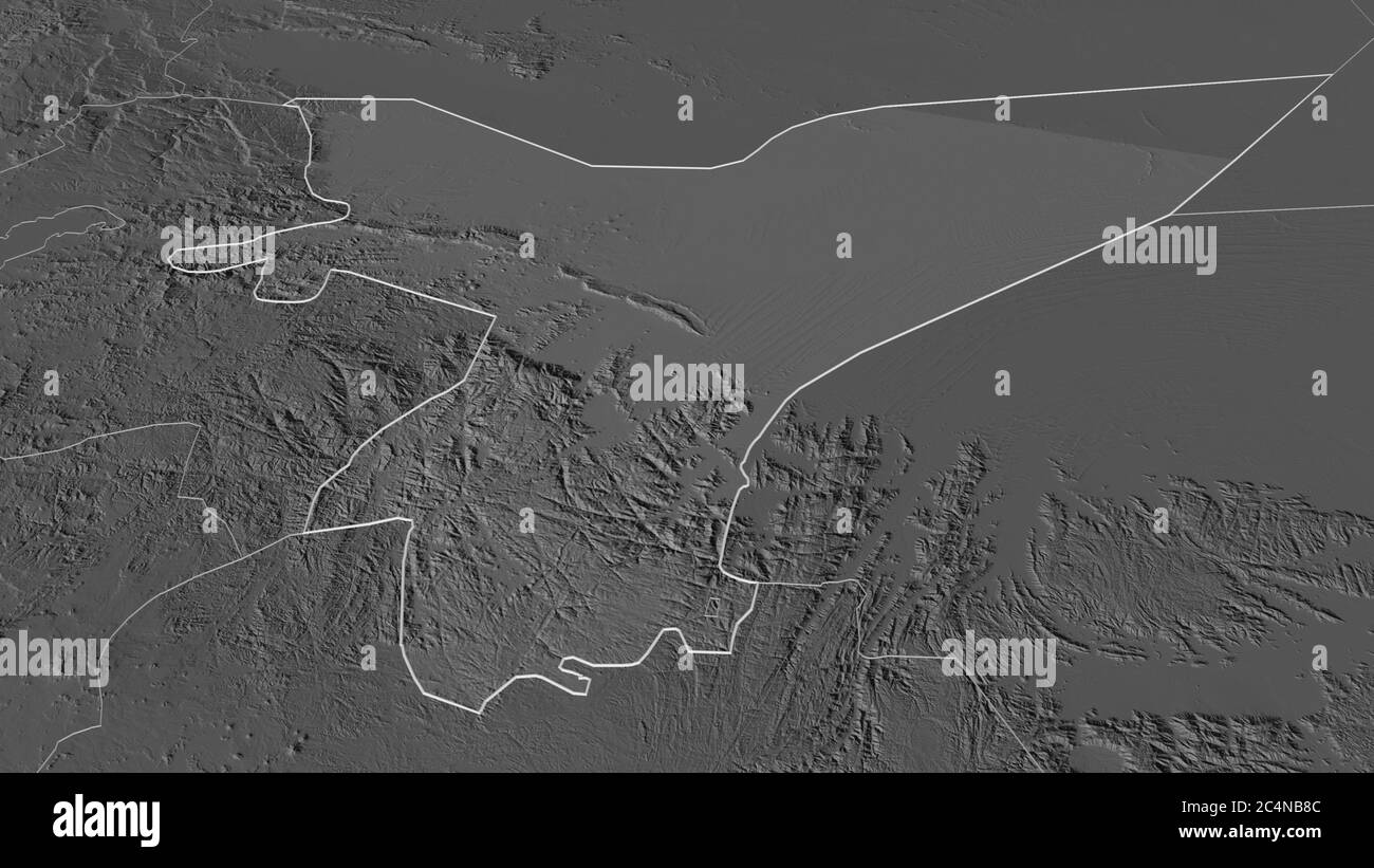 Zoom in on Ma'rib (governorate of Yemen) outlined. Oblique perspective ...