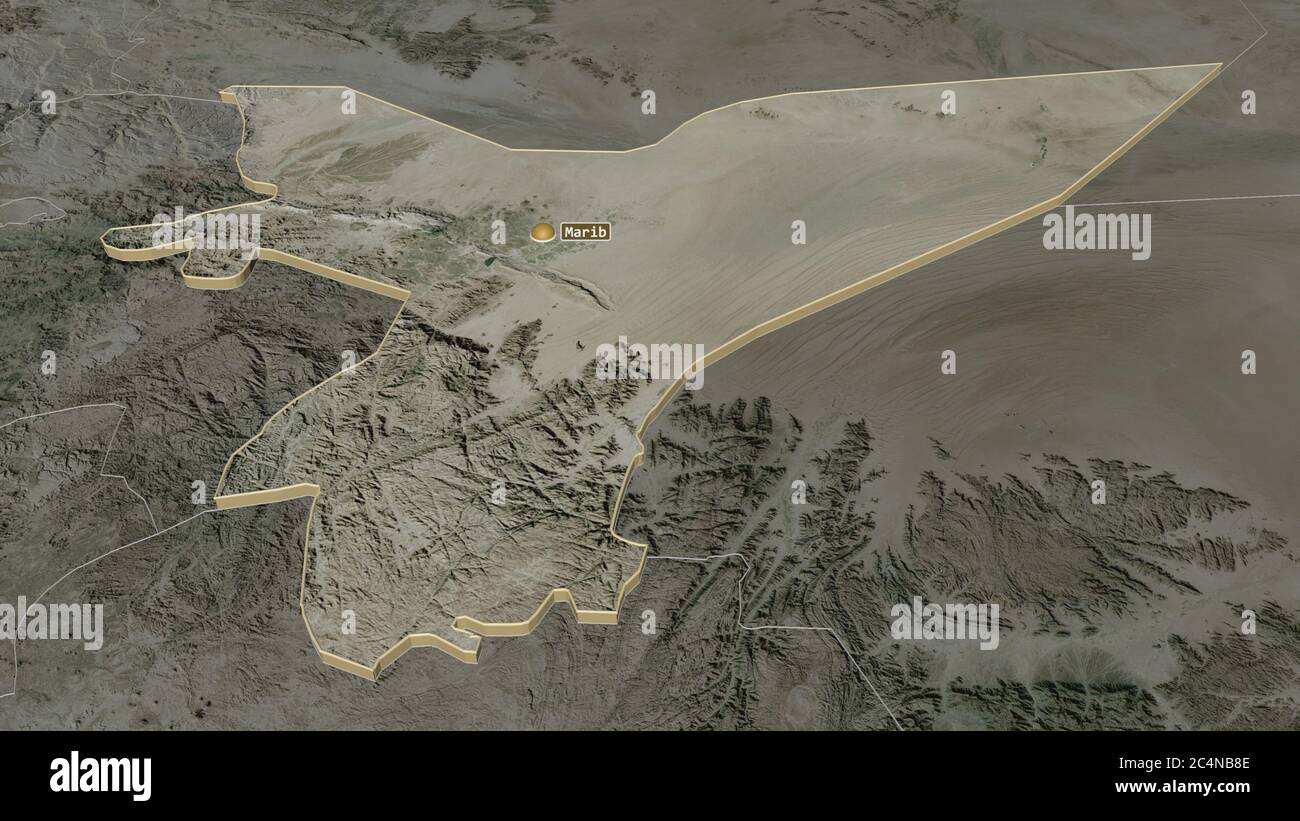 Zoom in on Ma'rib (governorate of Yemen) extruded. Oblique perspective ...