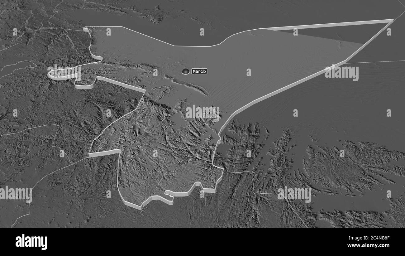 Zoom in on Ma'rib (governorate of Yemen) extruded. Oblique perspective ...