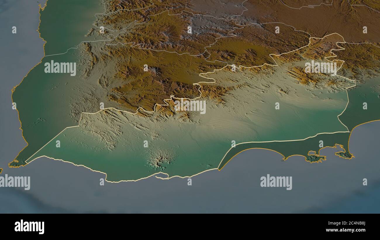 Zoom in on Lahij (governorate of Yemen) outlined. Oblique perspective ...