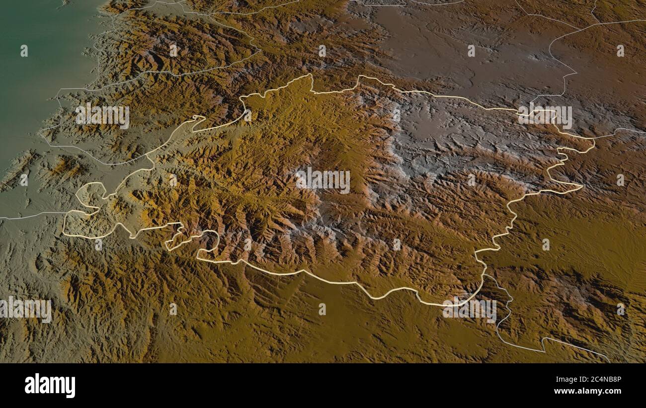 Zoom in on Ibb (governorate of Yemen) outlined. Oblique perspective ...