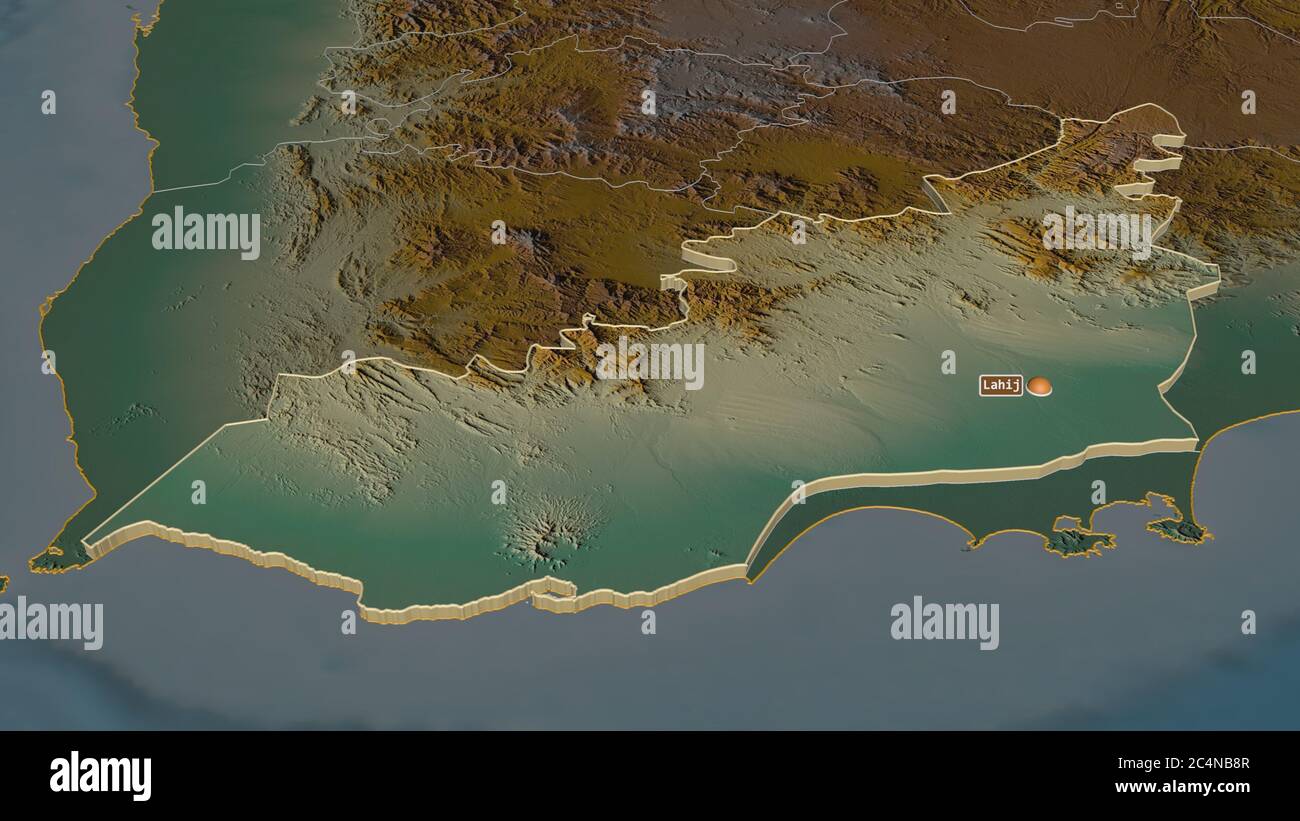 Zoom in on Lahij (governorate of Yemen) extruded. Oblique perspective ...