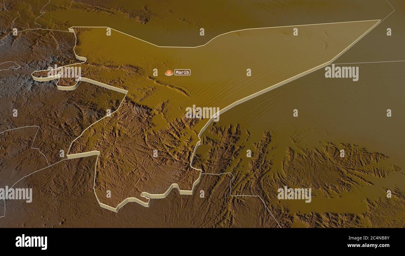 Zoom in on Ma'rib (governorate of Yemen) extruded. Oblique perspective ...
