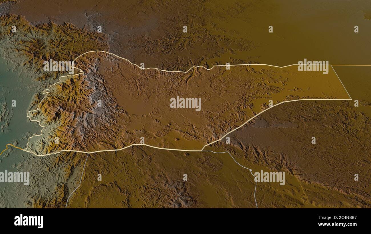 Zoom in on Sadah (governorate of Yemen) outlined. Oblique perspective ...