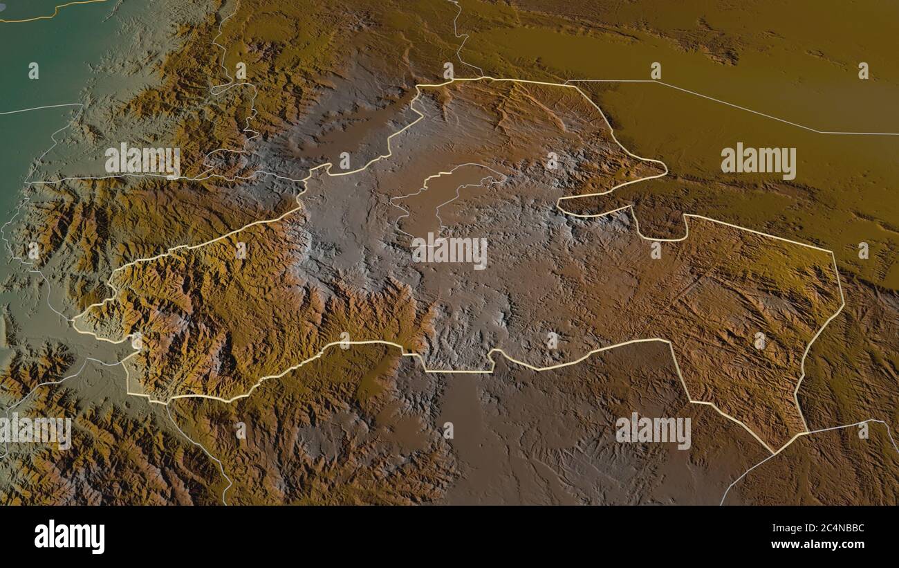 Zoom in on Sana'a (city of Yemen) outlined. Oblique perspective ...