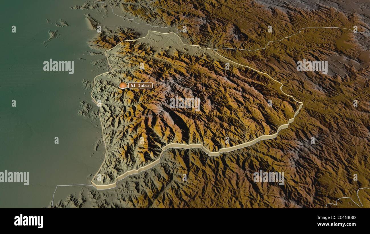 Zoom in on Raymah (governorate of Yemen) extruded. Oblique perspective ...