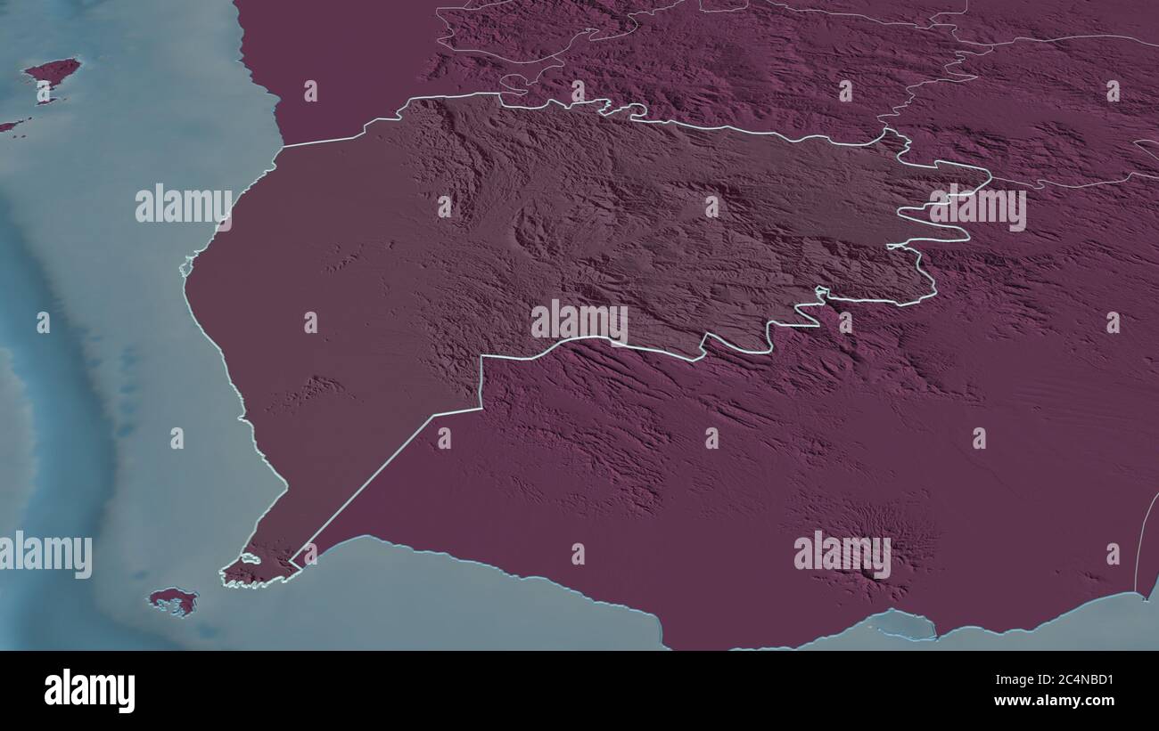 Zoom in on Ta`izz (governorate of Yemen) outlined. Oblique perspective ...