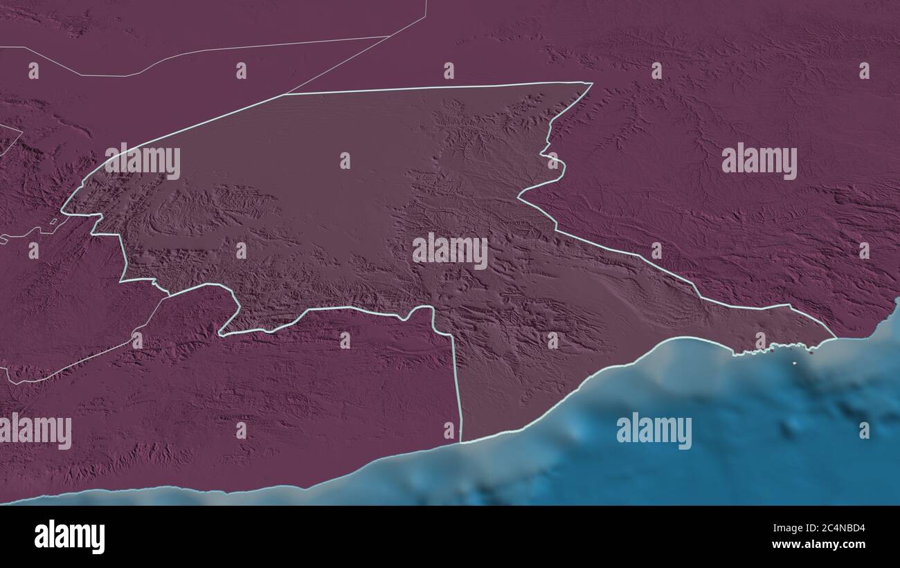 Zoom in on Shabwah (governorate of Yemen) outlined. Oblique perspective ...