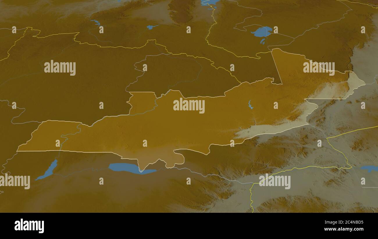 Zoom in on Central (province of Zambia) outlined. Oblique perspective ...
