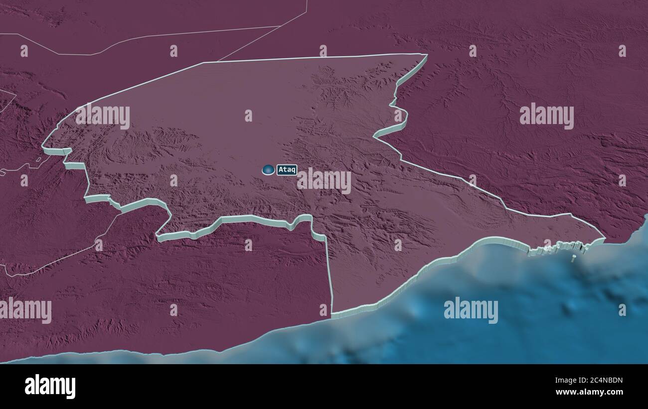 Zoom in on Shabwah (governorate of Yemen) extruded. Oblique perspective ...