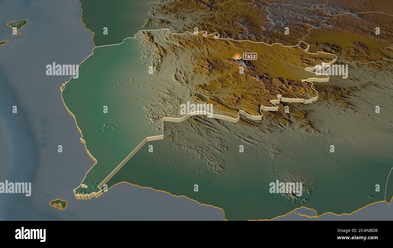 Zoom in on Ta`izz (governorate of Yemen) extruded. Oblique perspective ...