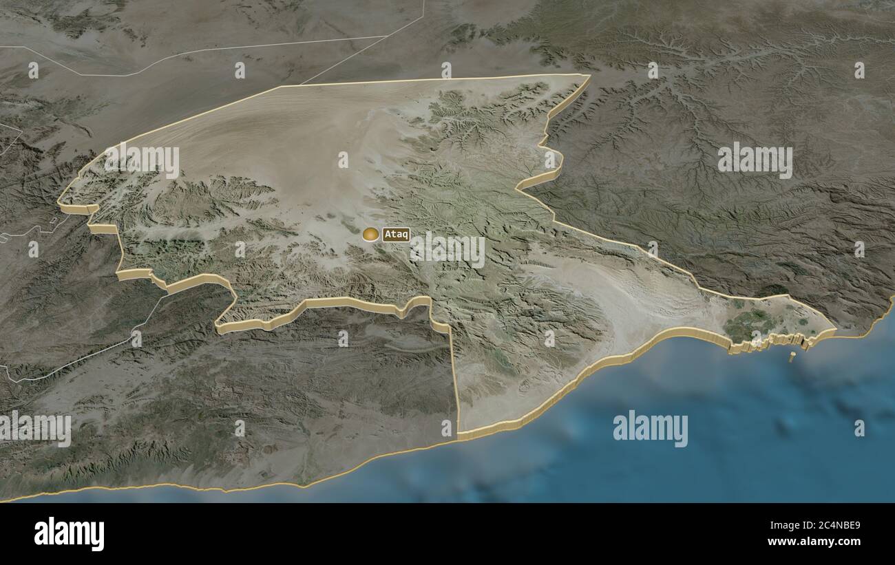 Zoom in on Shabwah (governorate of Yemen) extruded. Oblique perspective ...