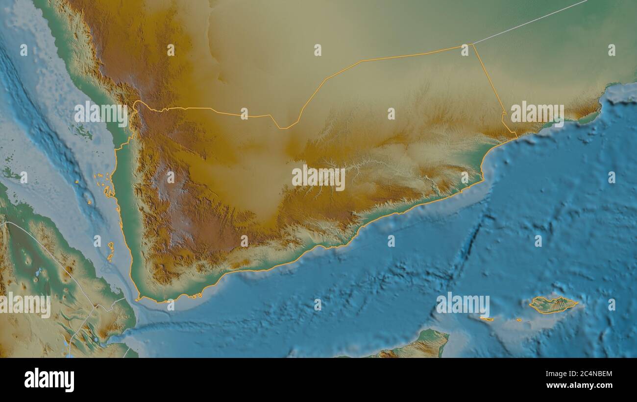 Outlined shape of the Yemen area. Topographic relief map with surface ...