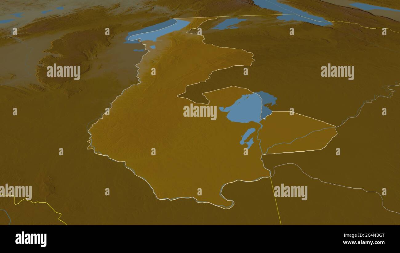 Zoom in on Luapula (province of Zambia) outlined. Oblique perspective ...