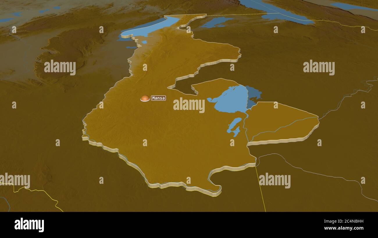 Zoom in on Luapula (province of Zambia) extruded. Oblique perspective ...