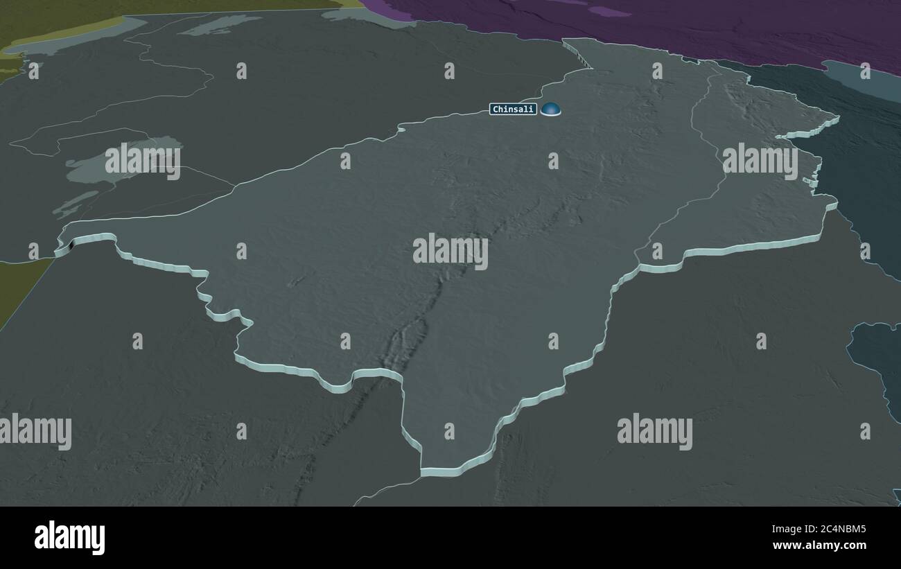 Zoom in on Muchinga (province of Zambia) extruded. Oblique perspective ...