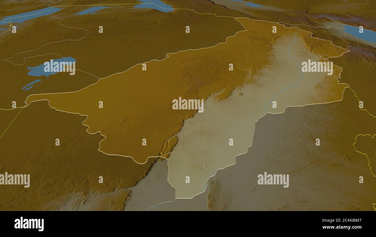 Zoom in on Muchinga (province of Zambia) outlined. Oblique perspective ...