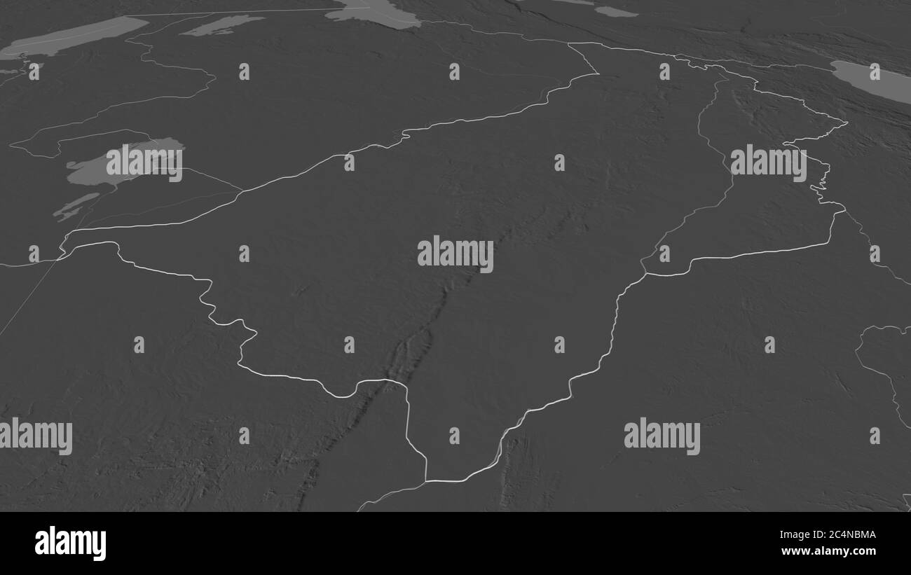 Zoom in on Muchinga (province of Zambia) outlined. Oblique perspective ...