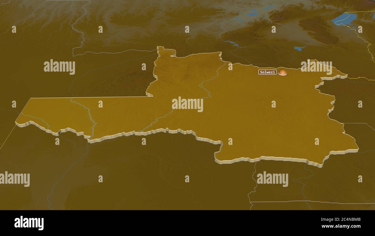 Zoom in on North-Western (province of Zambia) extruded. Oblique ...