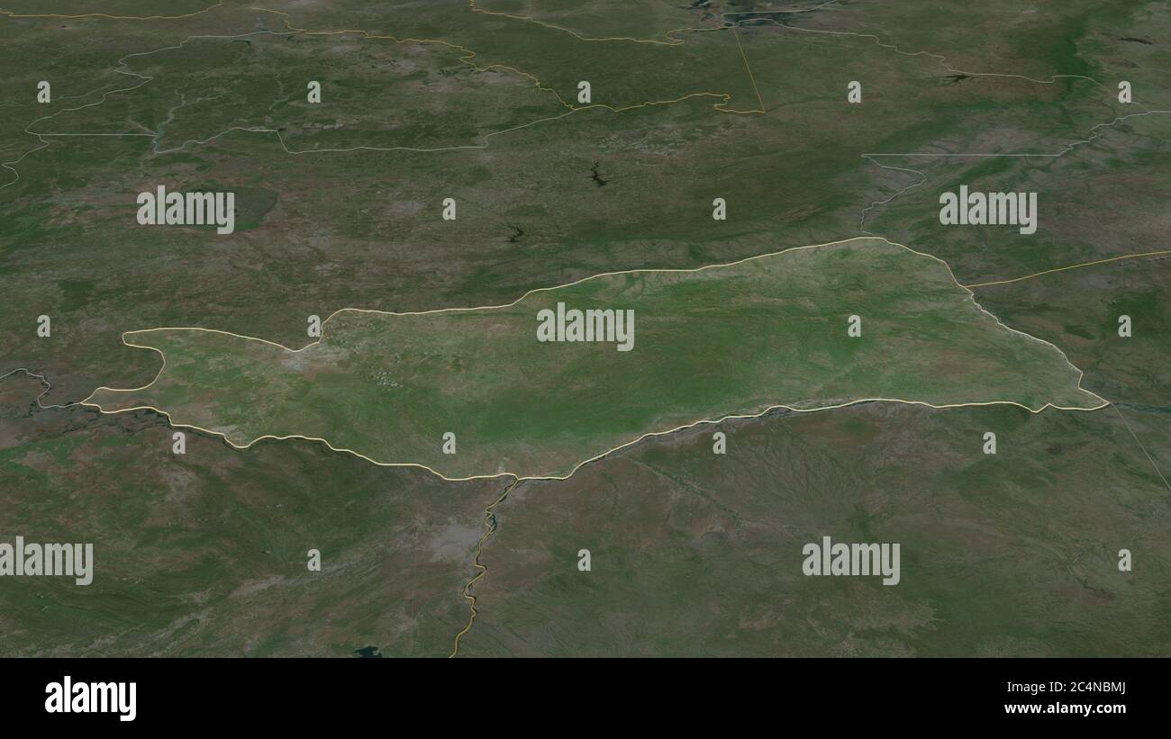 Zoom in on Lusaka (province of Zambia) outlined. Oblique perspective ...