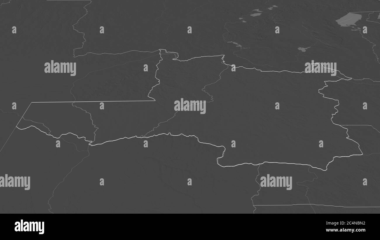 Zoom in on North-Western (province of Zambia) outlined. Oblique ...