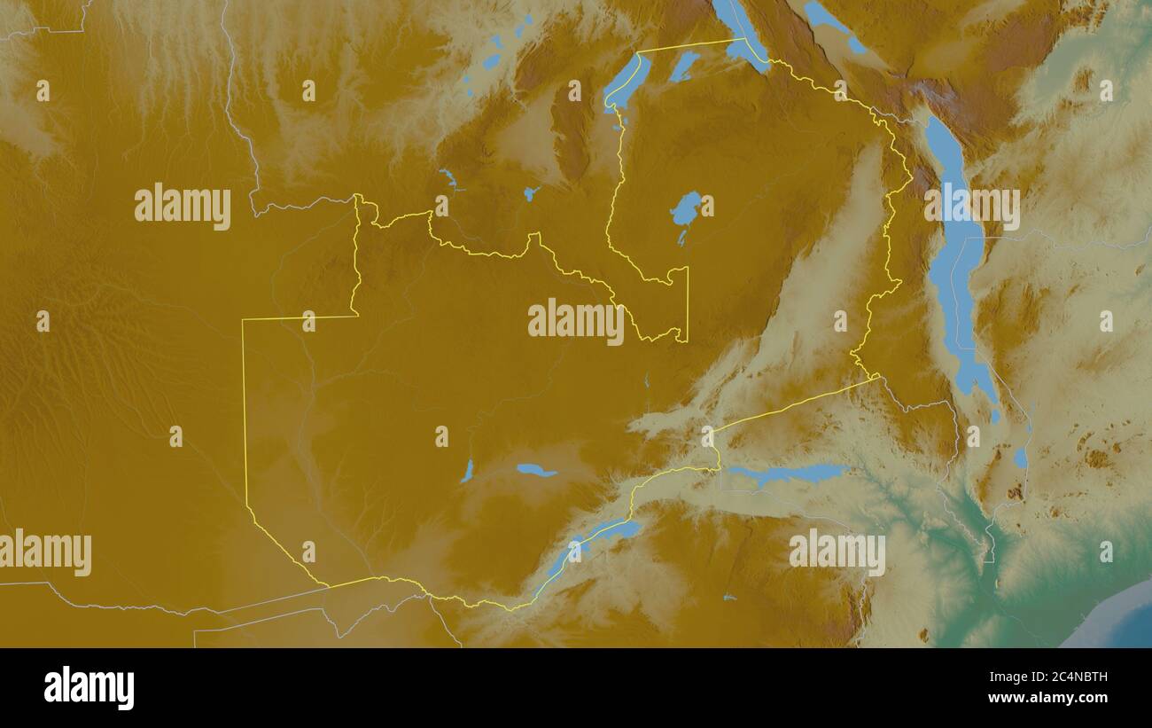 Outlined shape of the Zambia area. Topographic relief map with surface ...