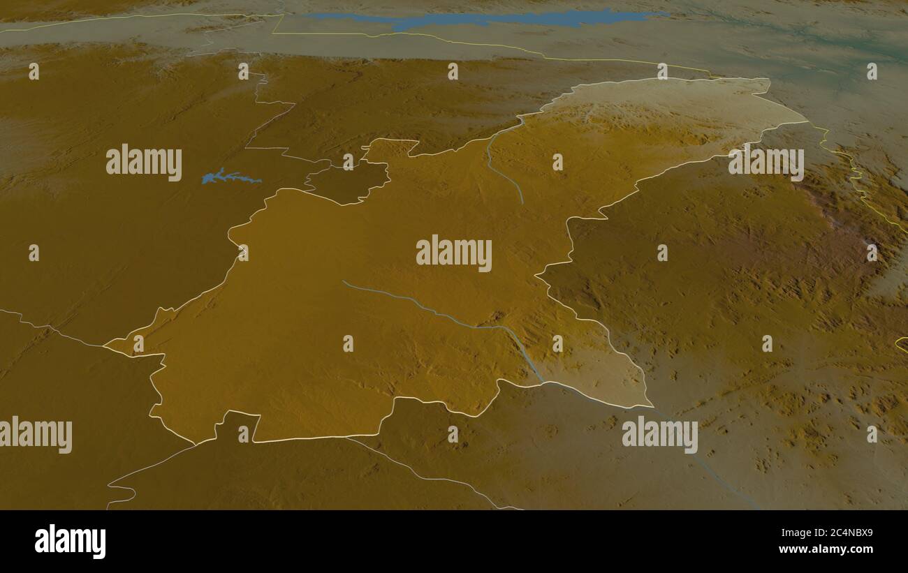 Zoom in on Mashonaland East (province of Zimbabwe) outlined. Oblique ...