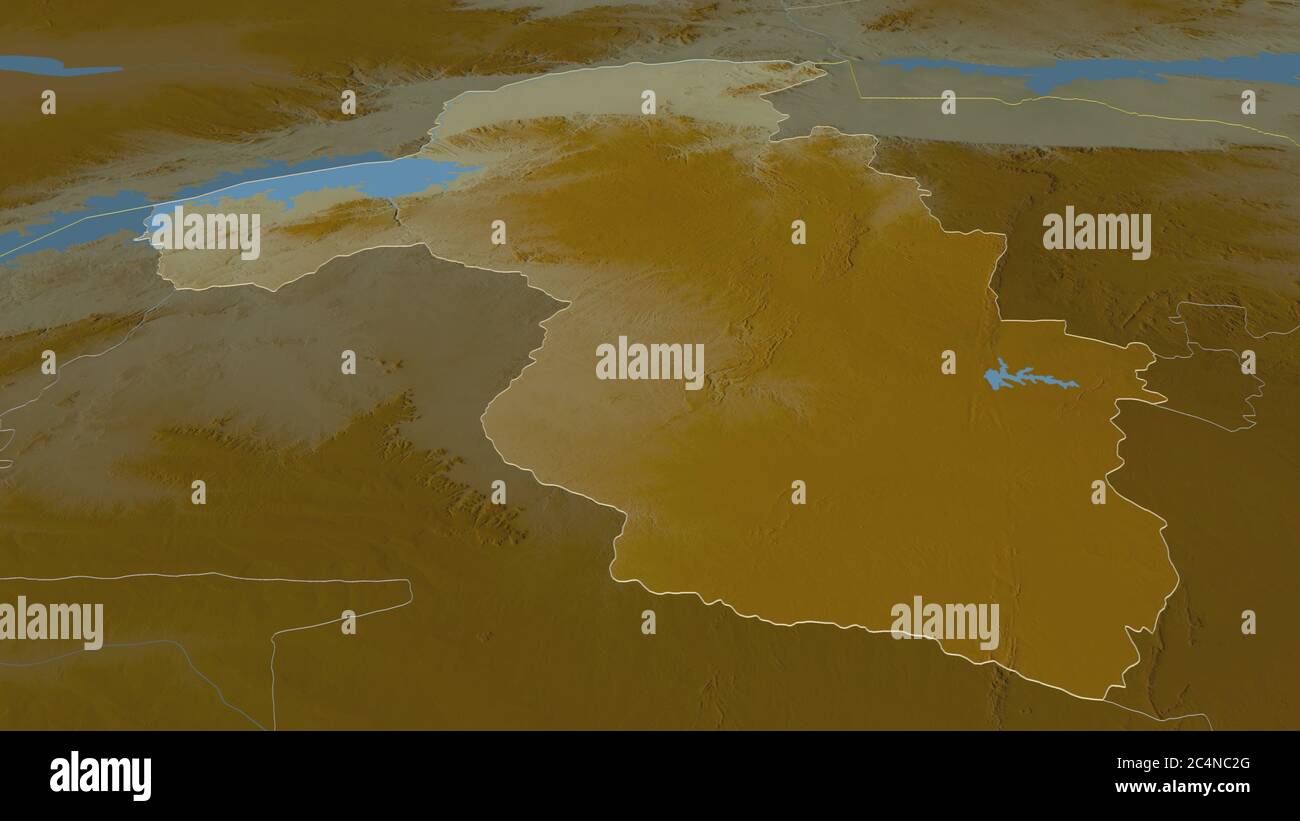 Zoom in on Mashonaland West (province of Zimbabwe) outlined. Oblique ...