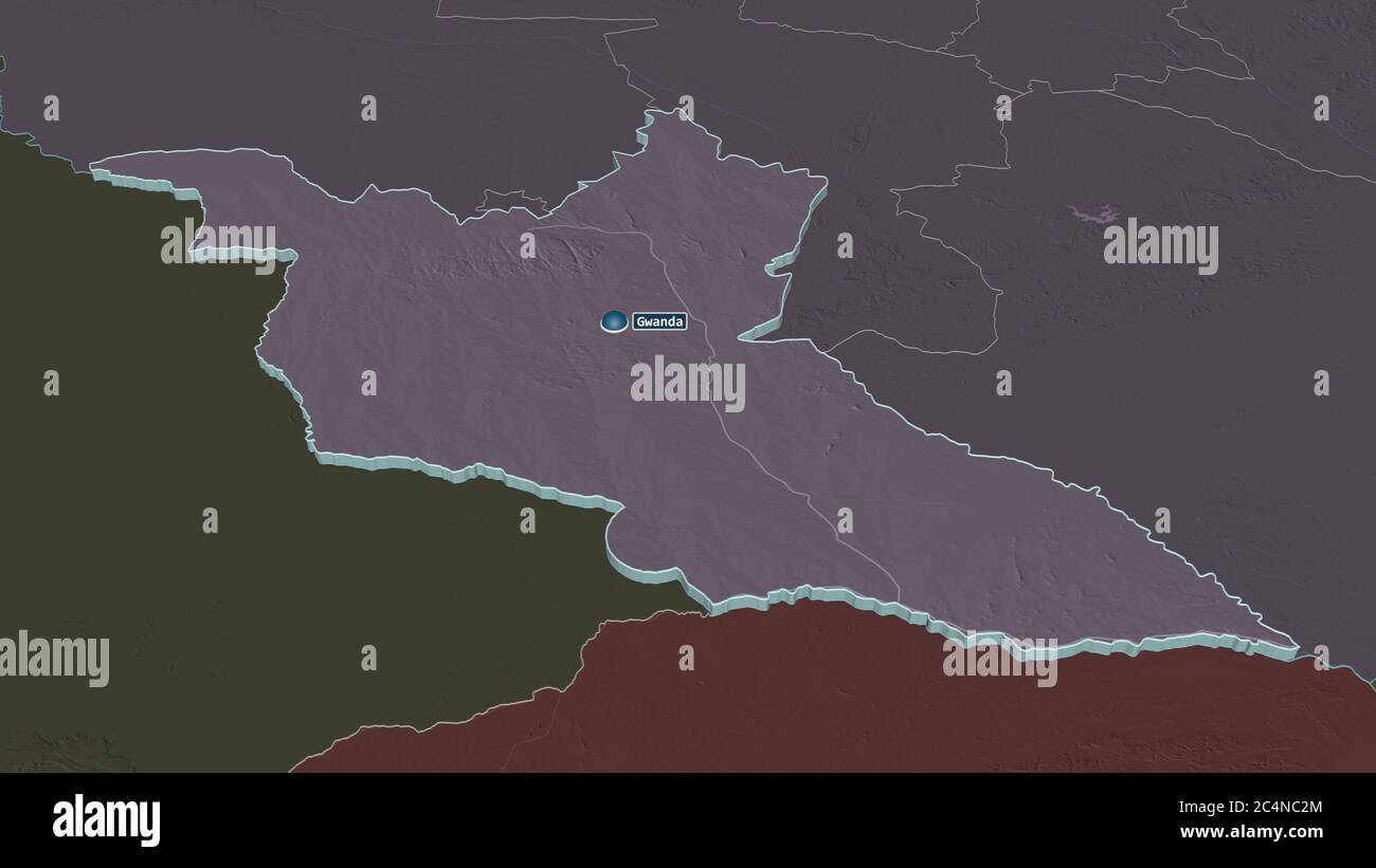 Zoom in on Matabeleland South (province of Zimbabwe) extruded. Oblique ...